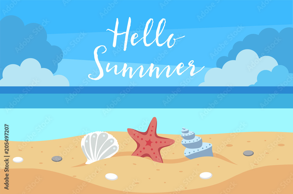 Hello summer background with beach view, sand, sea shells, sea star ...