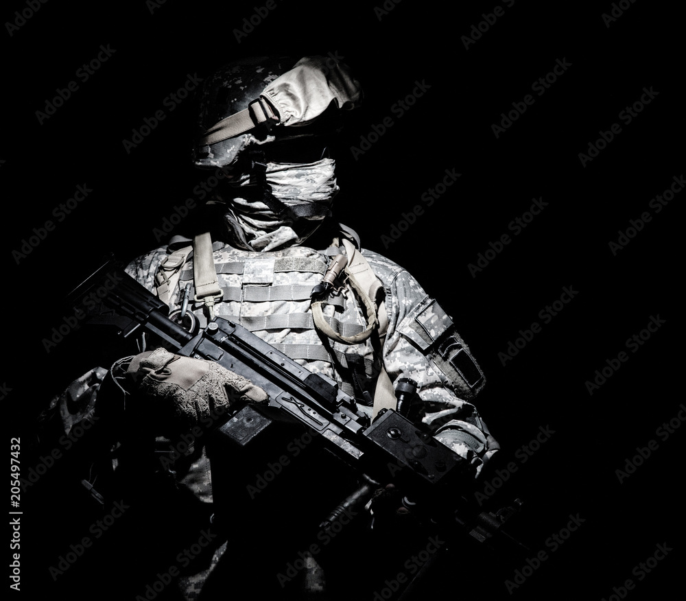 United States Armed Forces soldier in battledress with black glasses ...