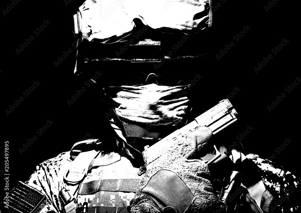 Special operations forces soldier in combat helmet with hidden behind ...