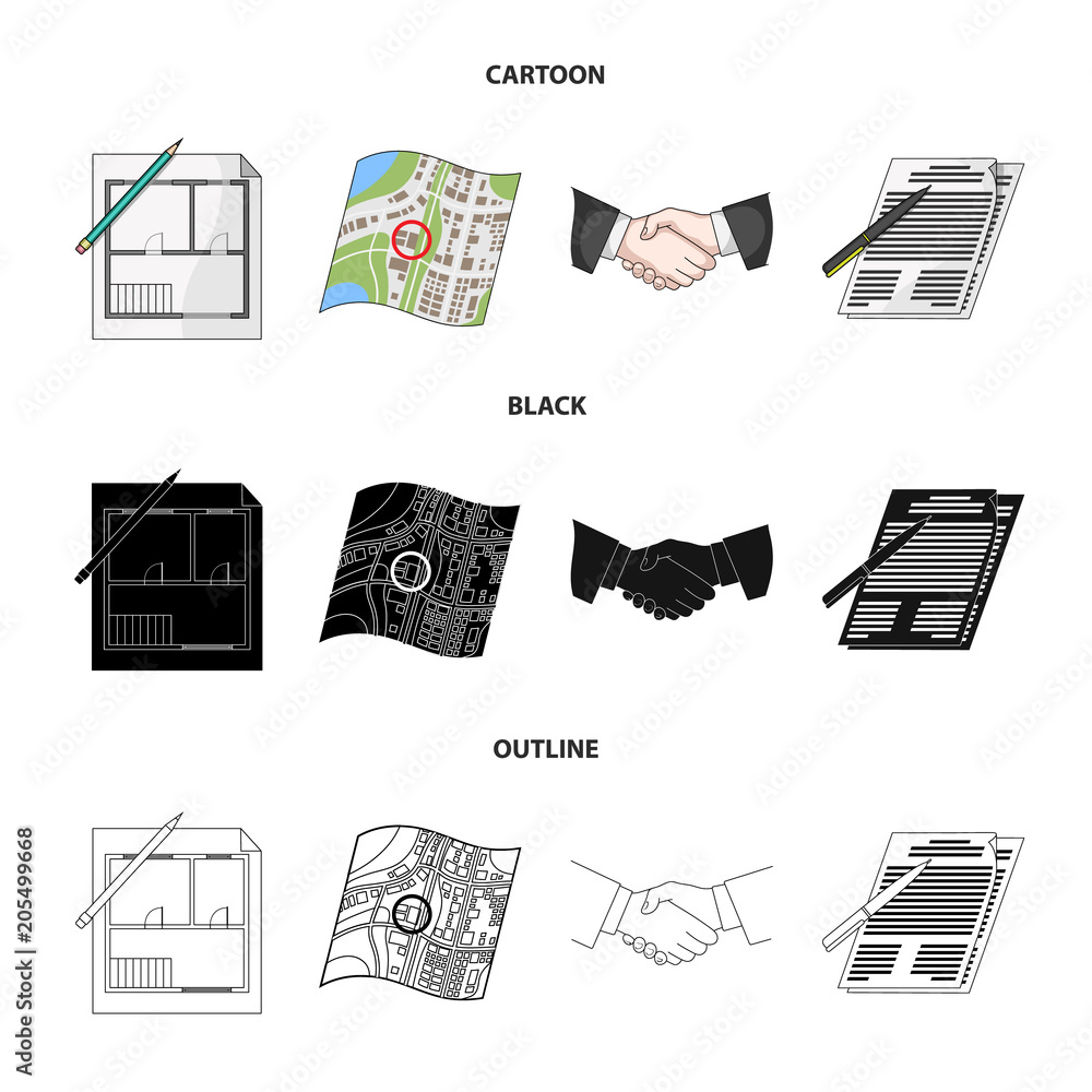 House plan, documents for signing, handshake, terrain plan. Realtor set ...