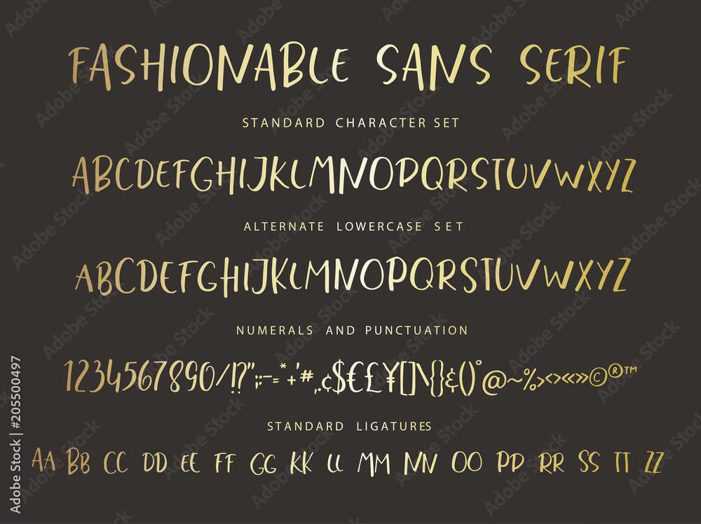 Handrawn vector alphabet. Modern gold letters for sans serif font ...