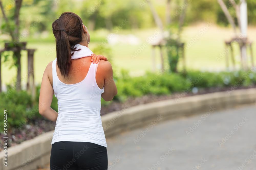 Neck pain during training. Athlete running woman runner with sport ...