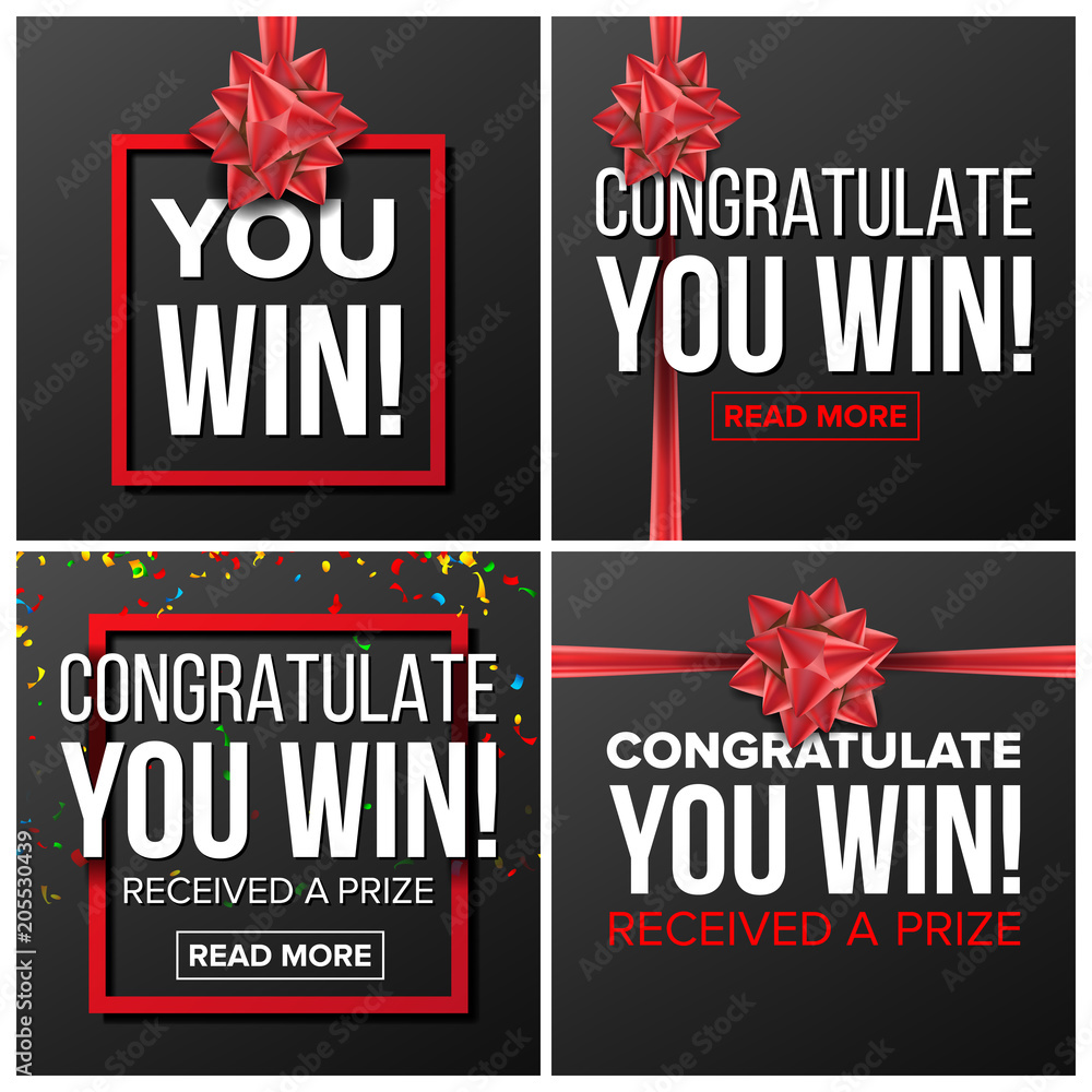 You Win Banner Set Vector. Festive Sign. Realistic Red Satin Bow ...
