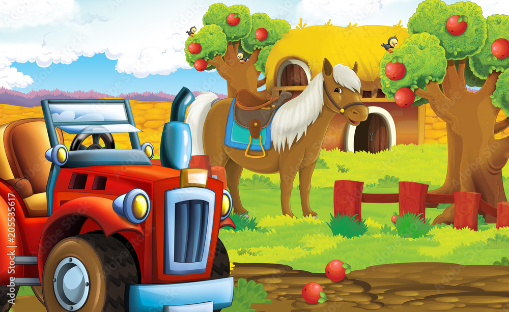cartoon happy and funny farm scene with tractor - car for different ...