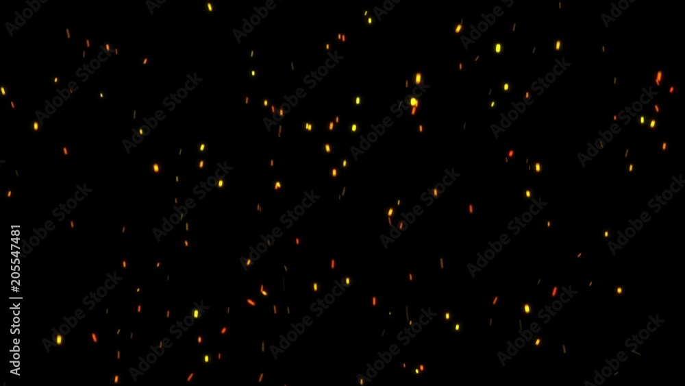 Fire flames with sparks flying glowing bonfire embers on a black ...
