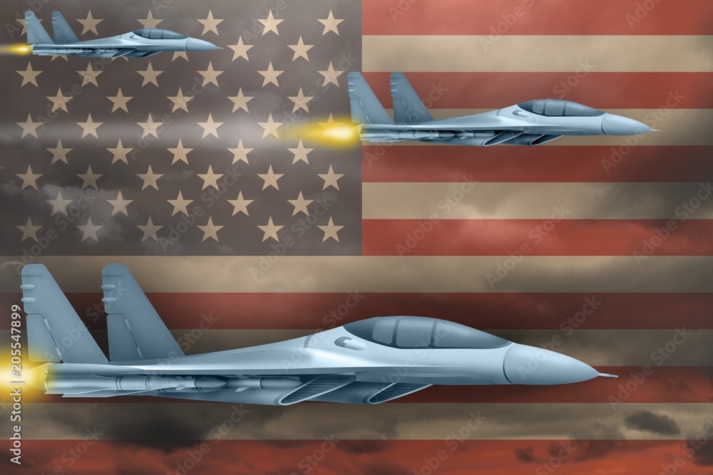 USA air forces strike concept. Air planes attack on USA flag background ...