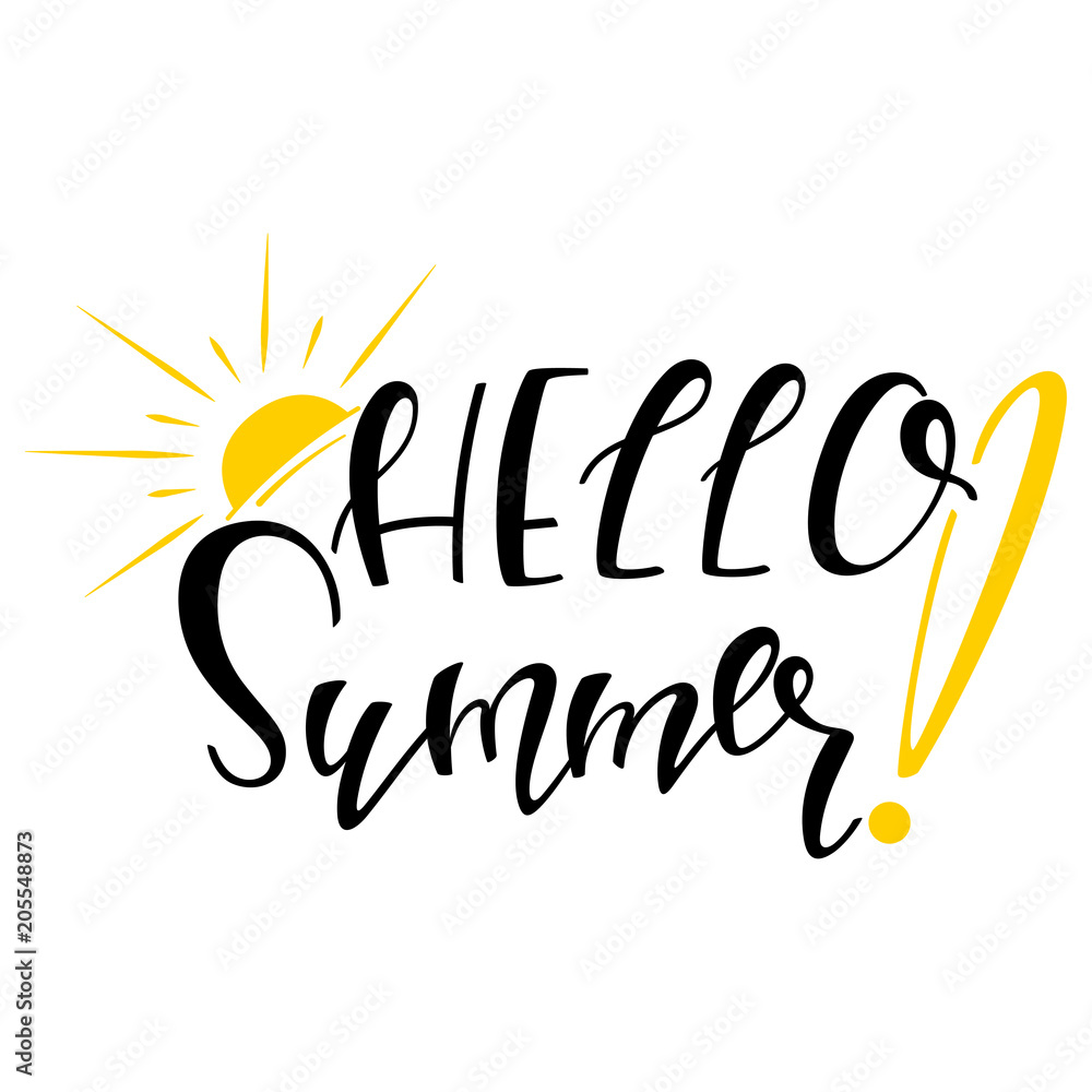 Hello summer text. Vector handwritten phrase with sun and exclamation ...