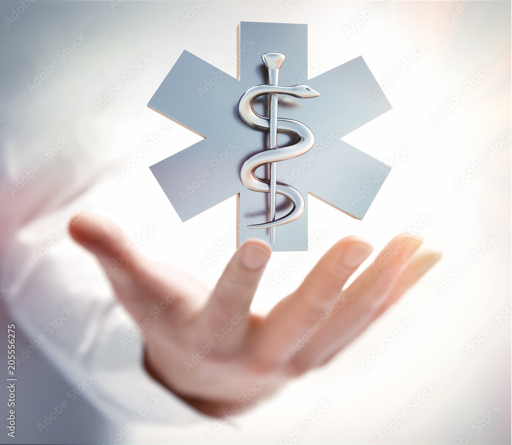 Hand mit Äskulapstab Symbol Stock-Foto | Adobe Stock