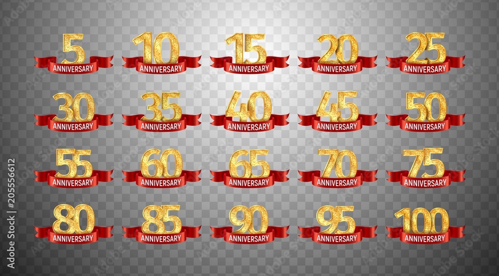 Set of anniversary isolated numbers on transparent background. 5, 10, 15, 20, 25, 30,35, 40, 45 ...