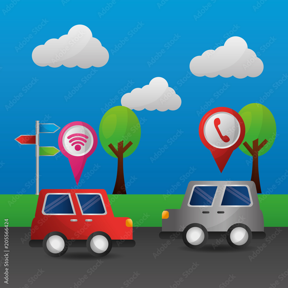 cartoon cars signal gps navigation application vector illustration ...