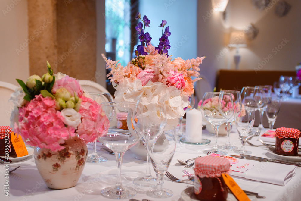 Dining table setting at Provence style, with candles, lavender, vintage ...
