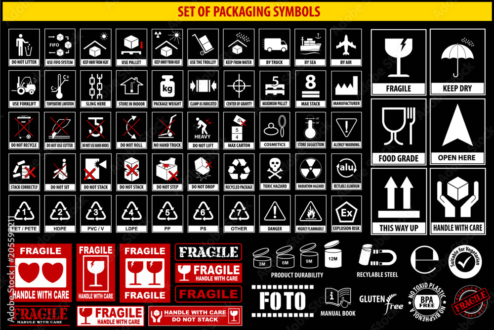 Set of packaging symbols, tableware, plastic, fragile symbols ...