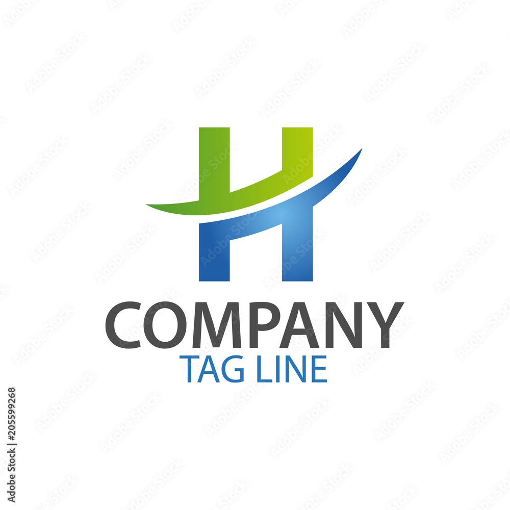 Letter H with swoosh on white background. Logo Design Template. Flat ...