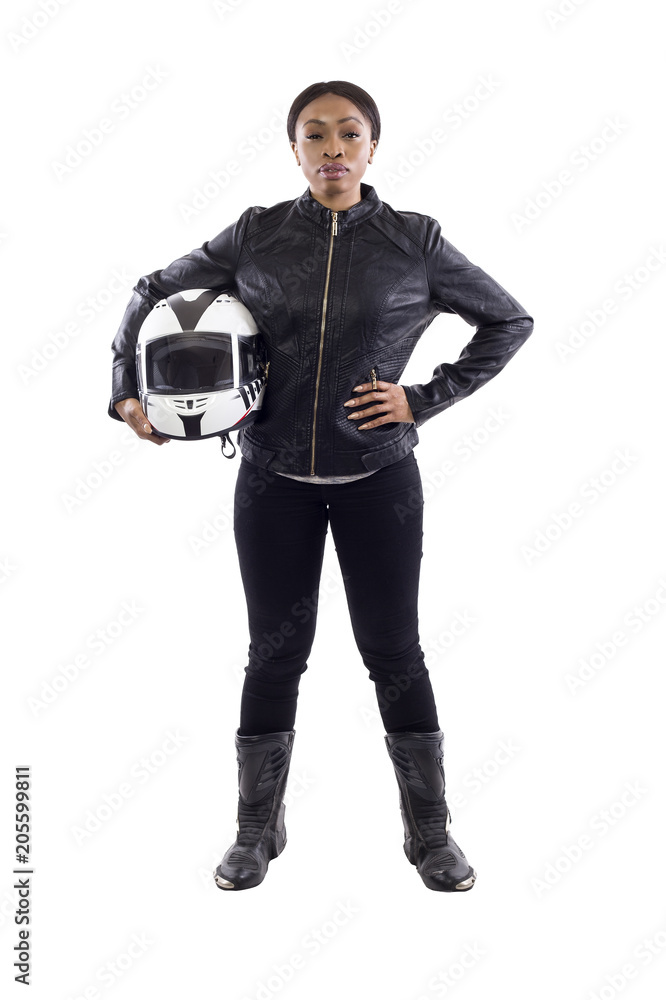 Confident strong black female holding a helmet as a race car driver ...