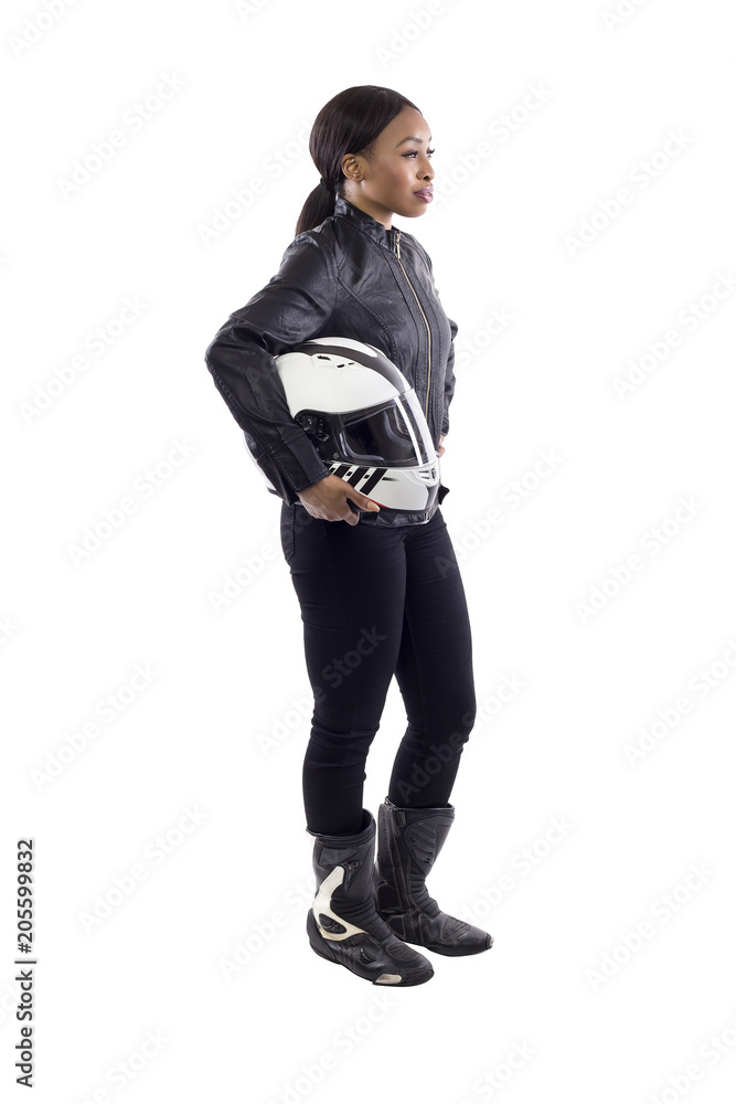 Confident strong black female holding a helmet as a race car driver ...