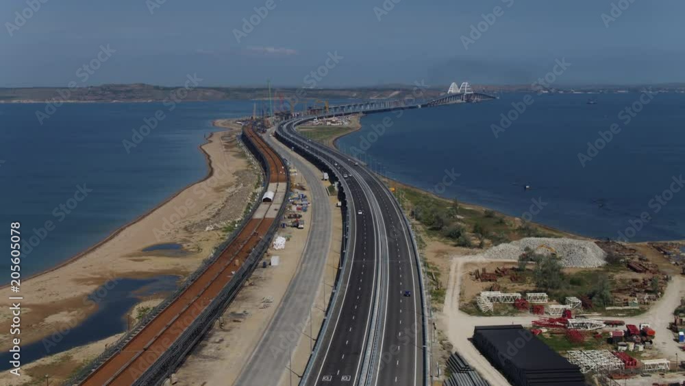 KERCH, RUSSIA, May 16, 2018: Aerial view of The Crimean Bridge, Kerch ...