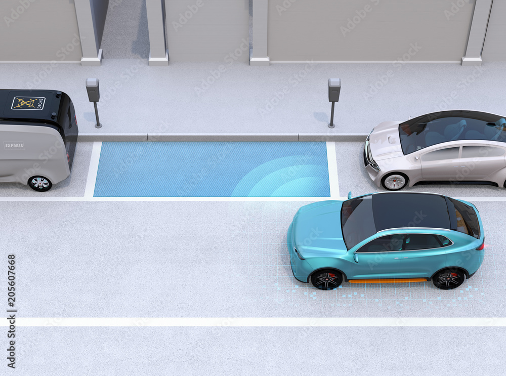 Autonomous SUV is parallel parking into parking lot at roadside ...
