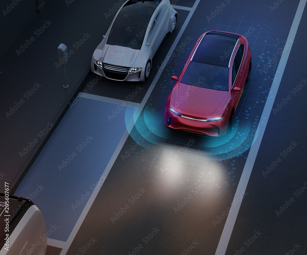 Autonomous SUV is parallel parking into parking lot at roadside. Night ...