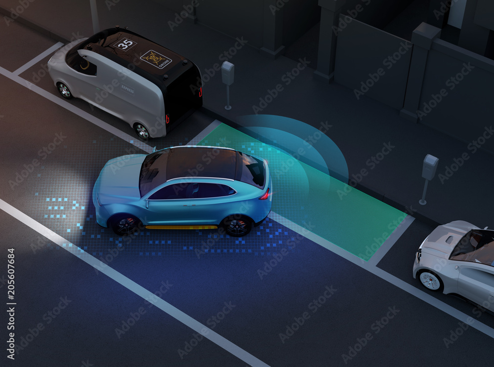 Autonomous SUV is parallel parking into parking lot at roadside. Night ...