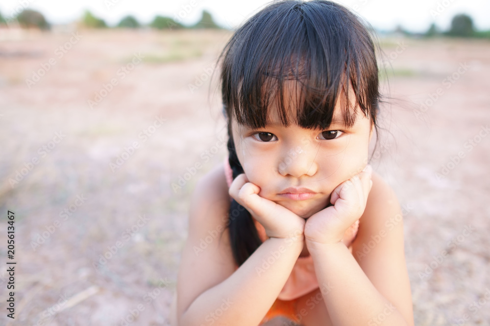 Asian children cute or unhappy kid girl and country child poor with ...