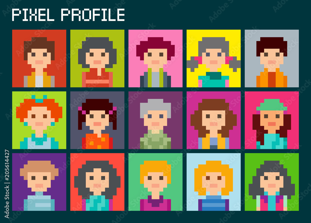 Square pixel avatars set. Pixel male and female faces avatars. Male and ...