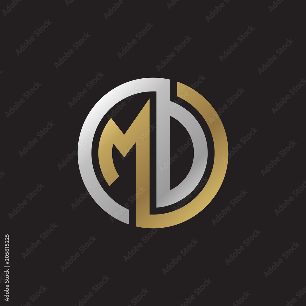Initial letter MD, MO, looping line, circle shape logo, silver gold ...