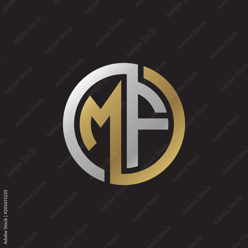 Initial letter MF, looping line, circle shape logo, silver gold color ...