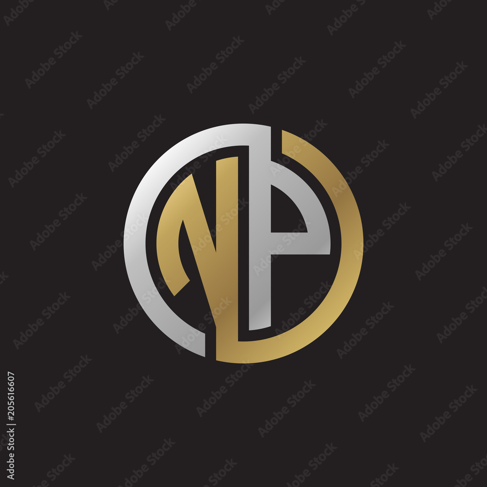Initial letter NP, looping line, circle shape logo, silver gold color ...