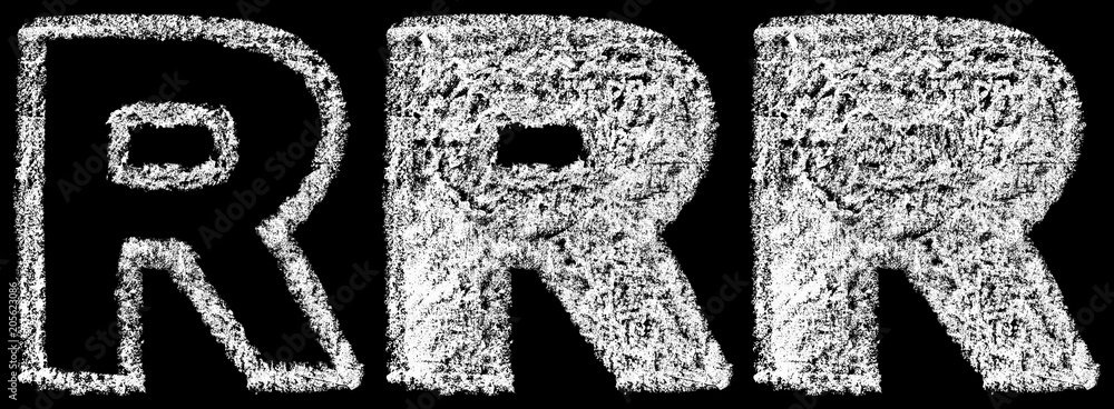 handwritten white chalk english letters R isolated on black background ...