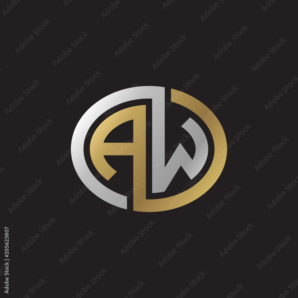 Initial letter AW, looping line, ellipse shape logo, silver gold color ...