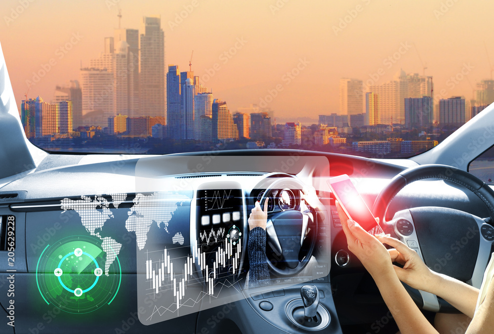 vehicle running self driving mode electric car or intelligent car.Heads ...
