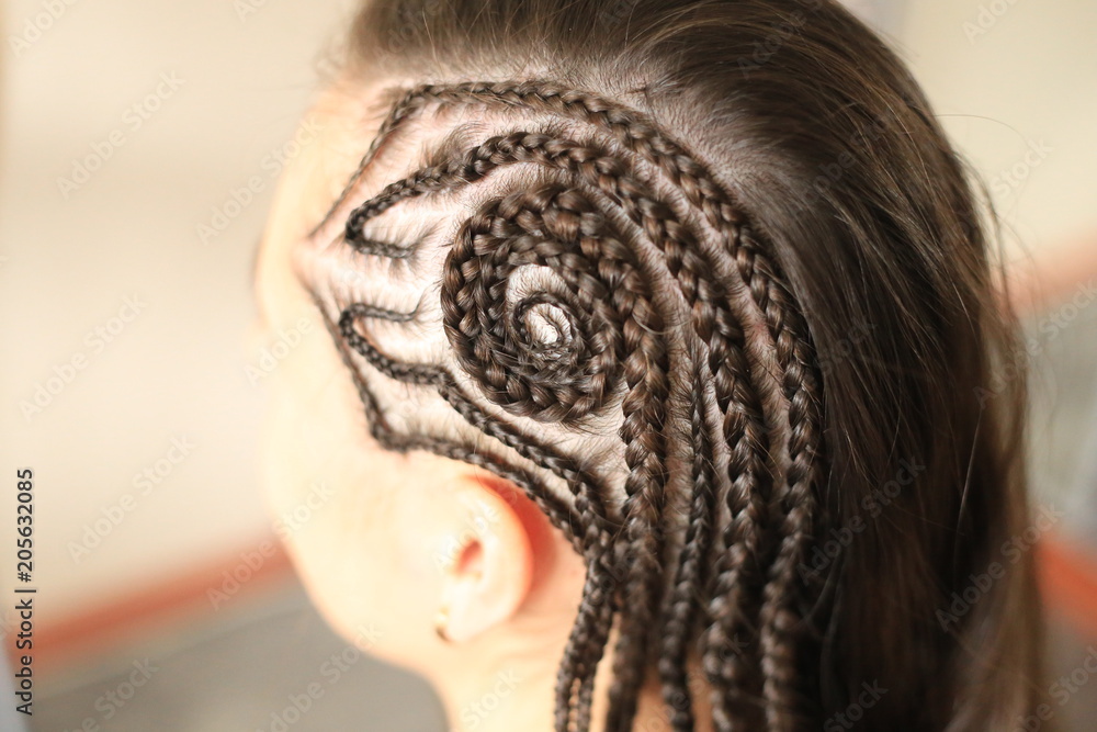 pigtails with a picture on the temple of a girl, braided with the ...