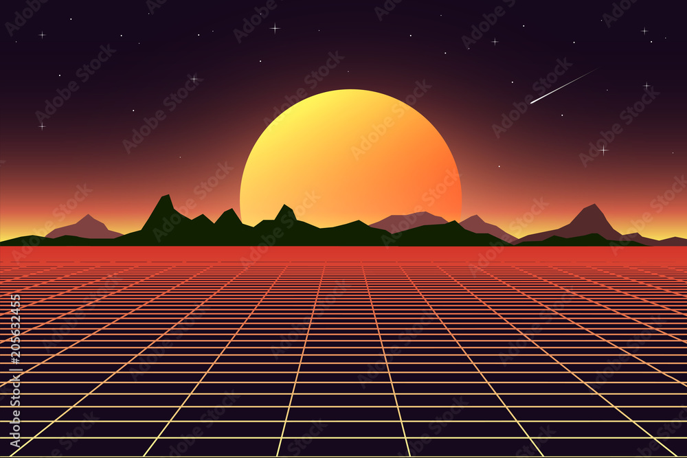 Retro background futuristic landscape 1980s style. Digital retro ...