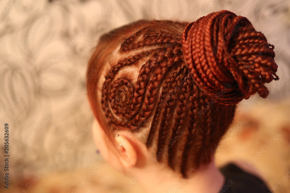 Girl. red hair braided in braids, gathered in the tail on the back of ...