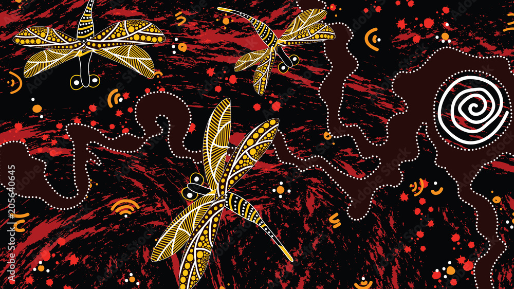 Aboriginal art background with dragonfly, Landscape Illustration based ...