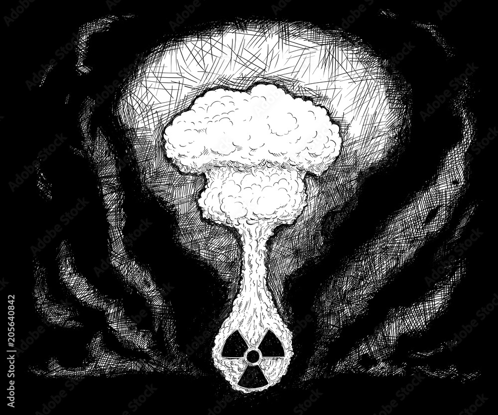 Artistic pen and ink drawing illustration of nuclear explosion coming ...