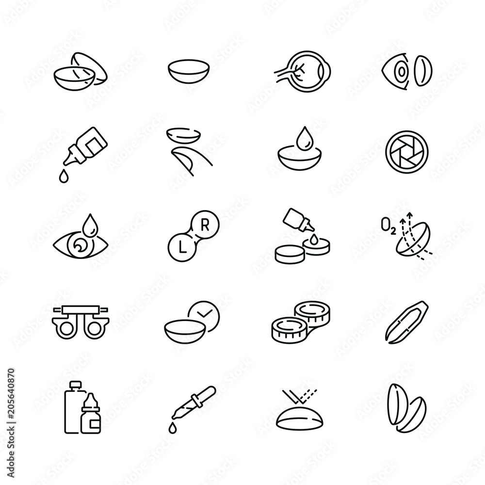 Eye lens related icons: thin vector icon set, black and white kit Stock ...