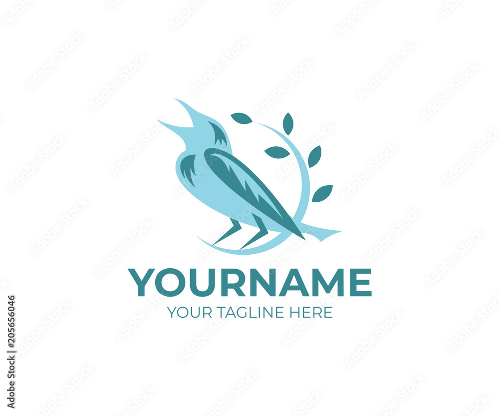 Sings and chirps bird, sits on circular and round branch, logo template ...