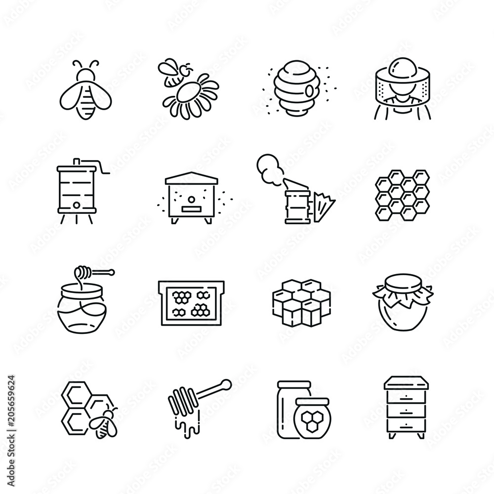 Honey and beekeeping related icons: thin vector icon set, black and white kit Stock Vector ...