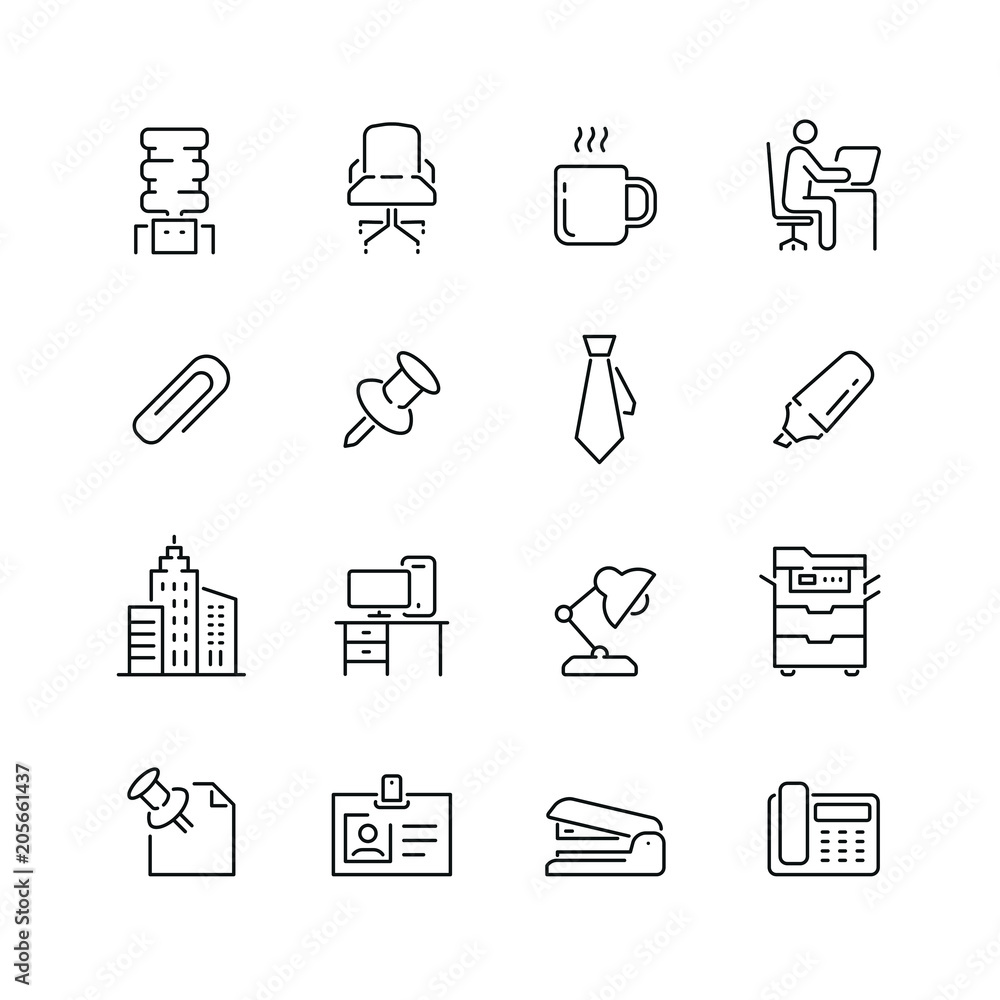 Office related icons: thin vector icon set, black and white kit Stock ...