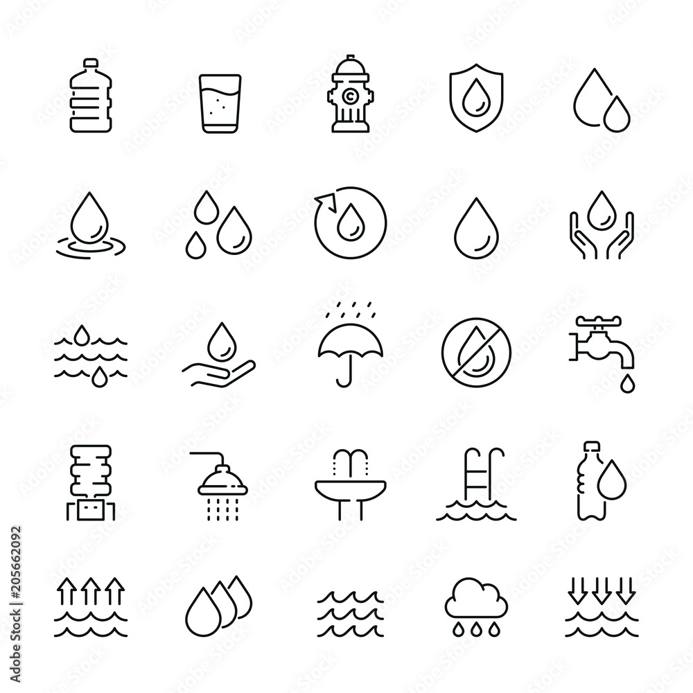 Water related icons: thin vector icon set, black and white kit Stock ...