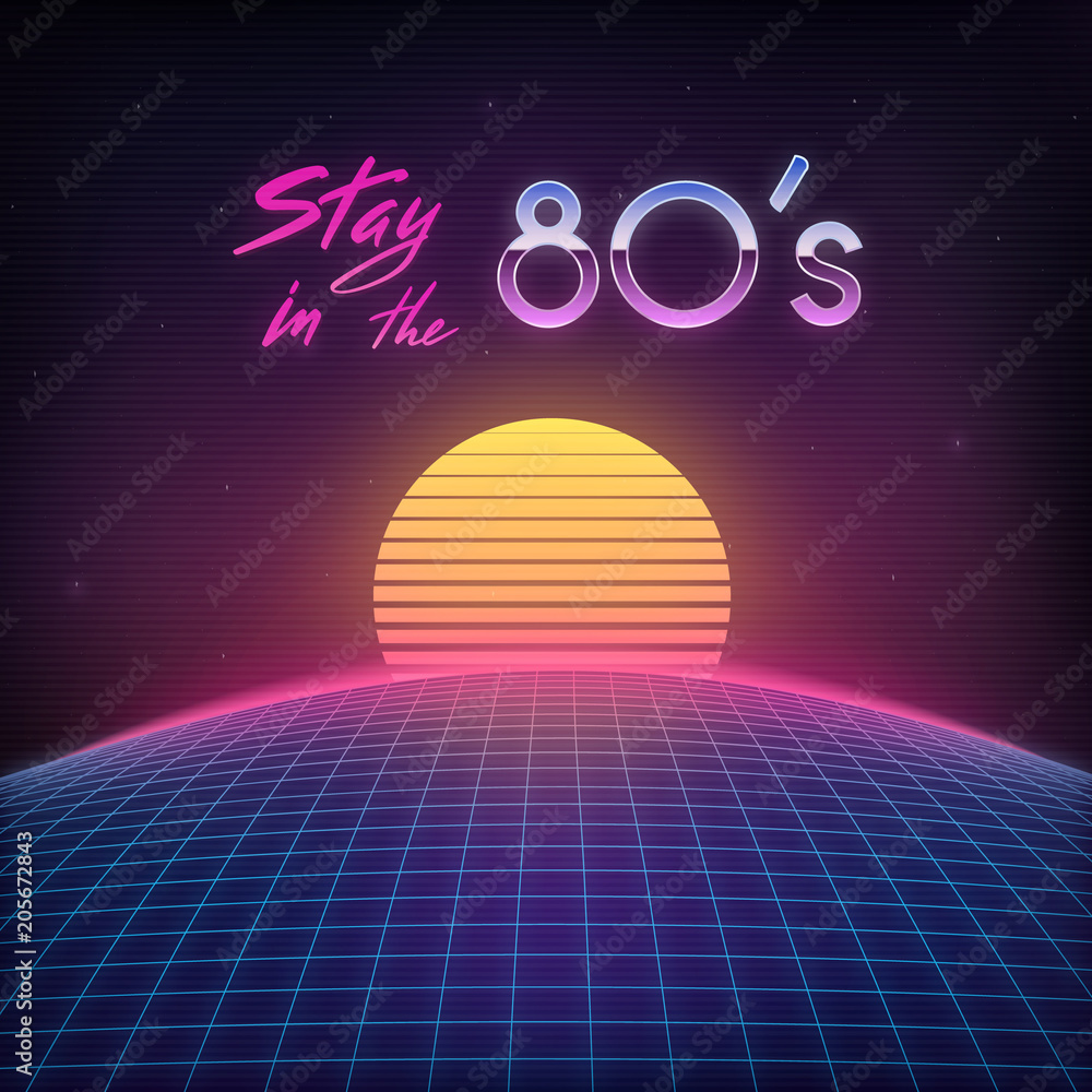 Retro Cover 1980s. Digital planet, space and sun. Laser grid on terrain ...