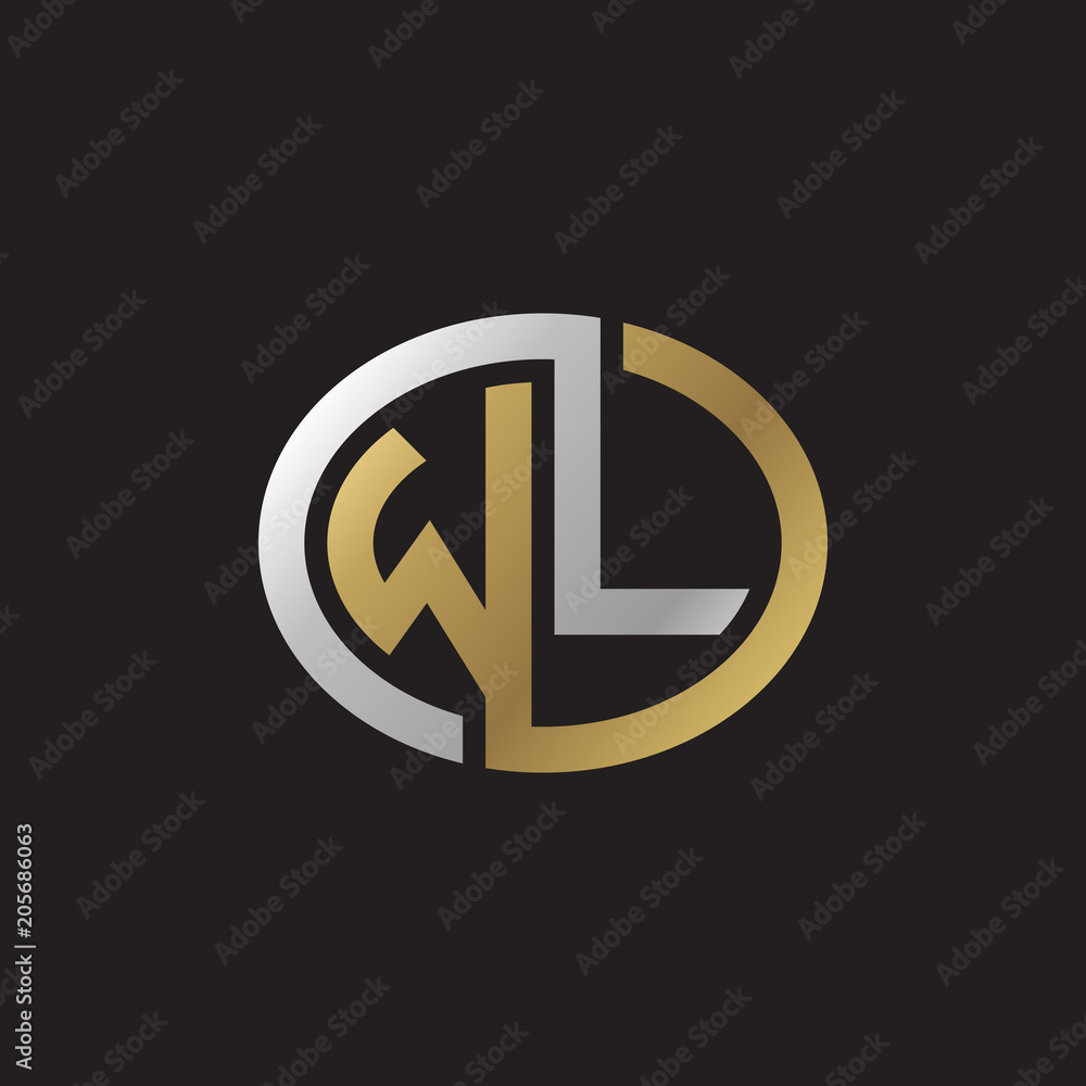 Initial letter WL, looping line, ellipse shape logo, silver gold color ...
