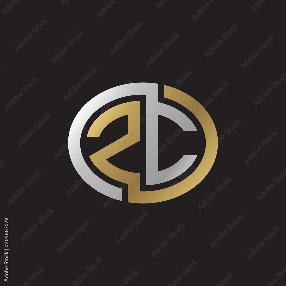 Initial letter ZC, looping line, ellipse shape logo, silver gold color ...