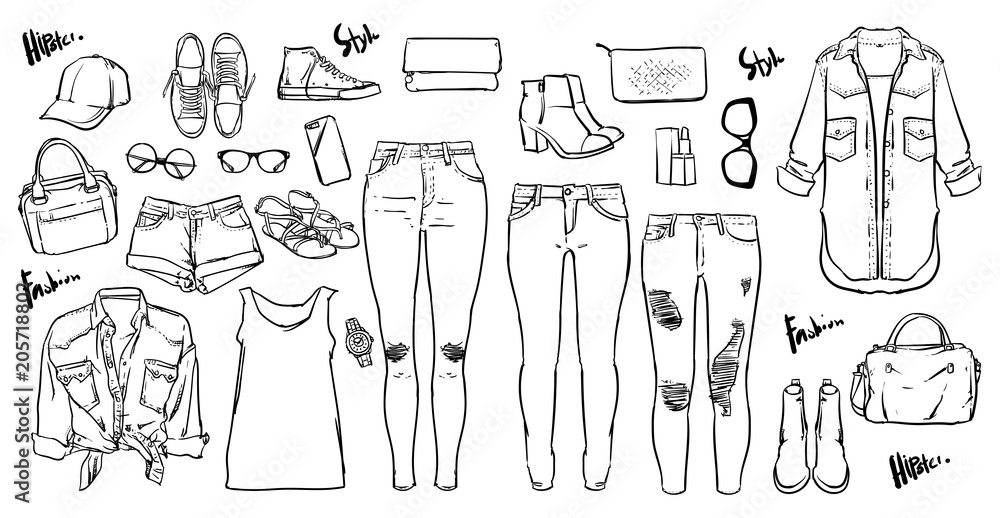 Fashion stylish, Graphic drawing sketch with woman, Vector set, Doodle ...