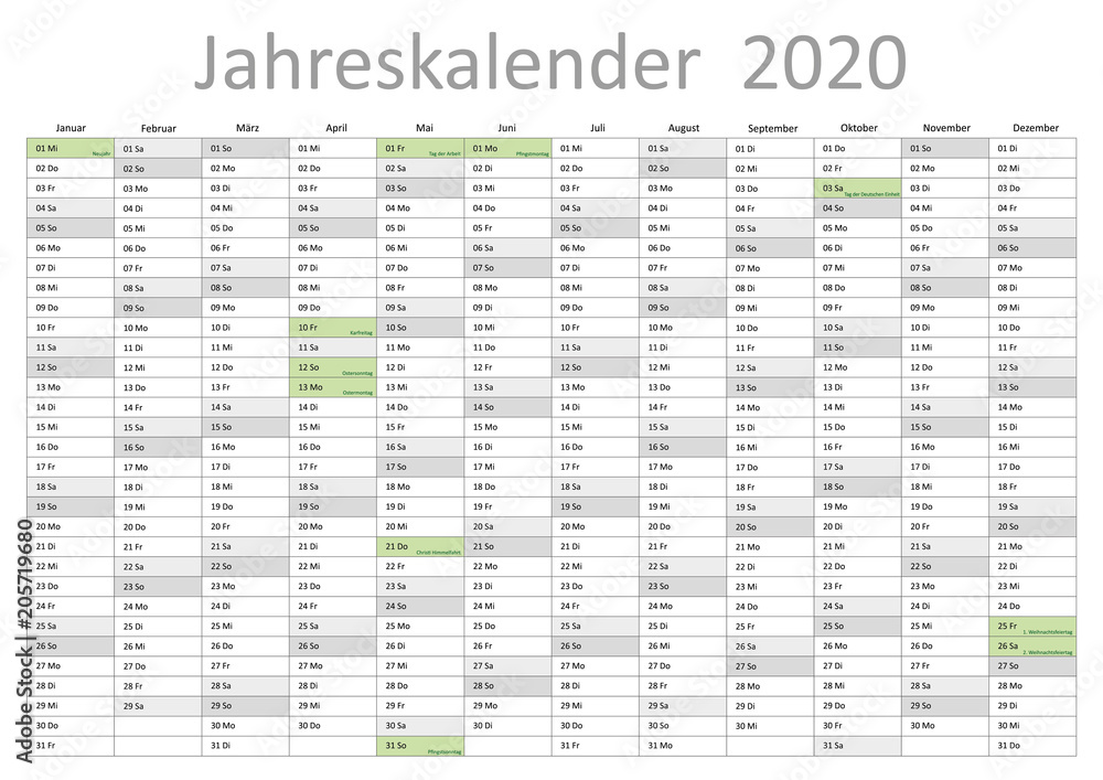 Kalender 2020 Jahresplaner Jahreskalender Kalendervorlage Feiertage ...