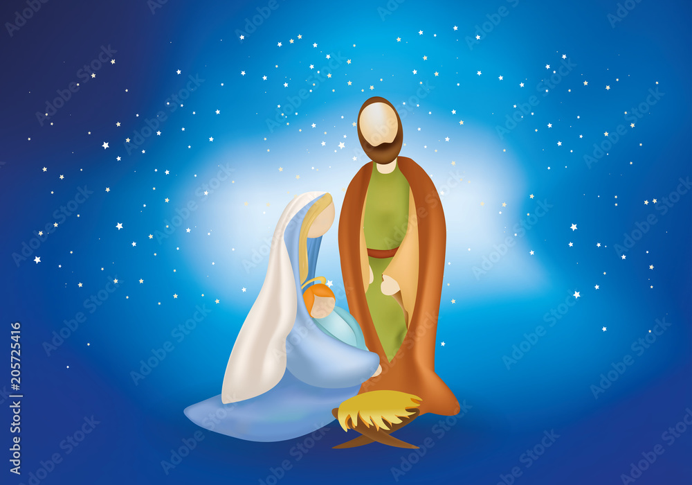 Christmas nativity scene with holy family -Joseph Mary baby Jesus on ...