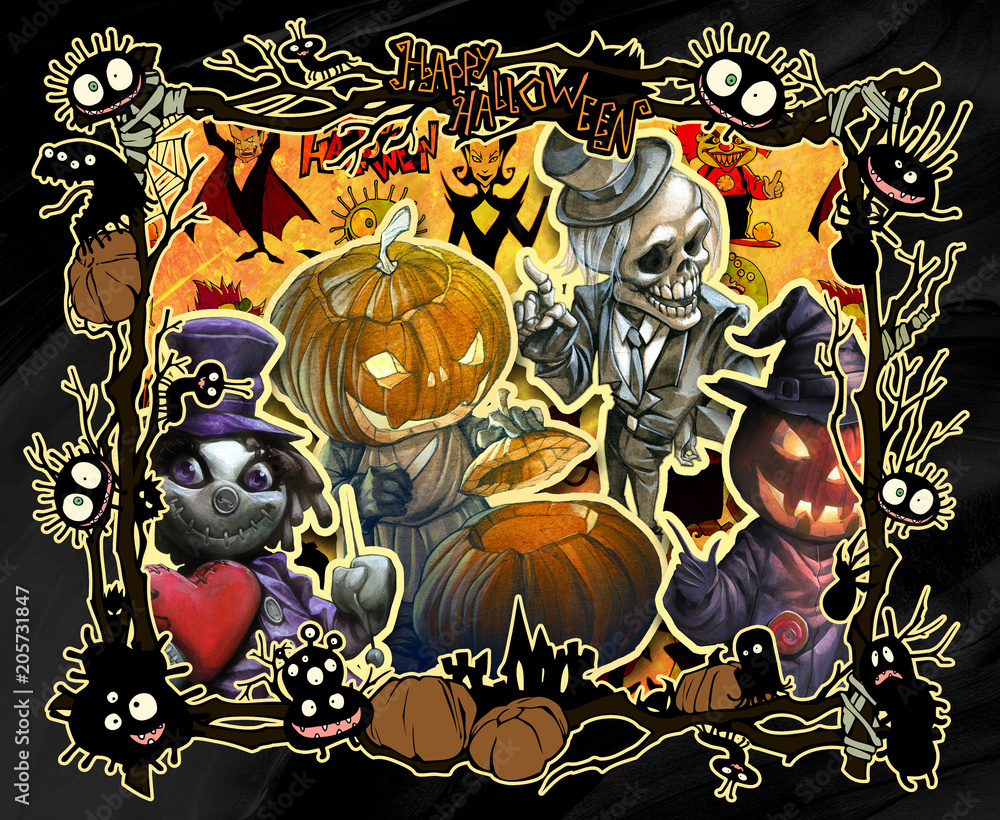 Cartoon halloween frame illustration decorated with diverse evil ...