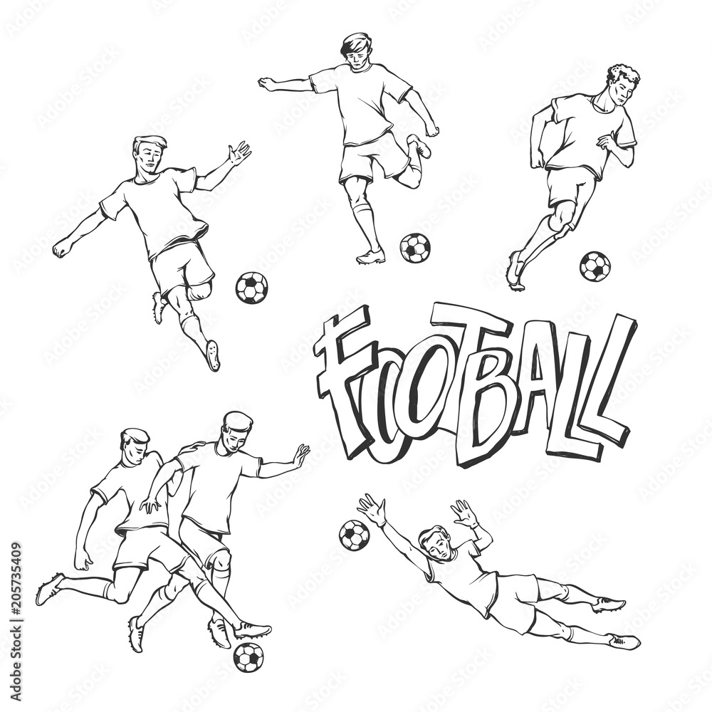 Football player and goalkeeper sketch. Soccers motion with ball in ...