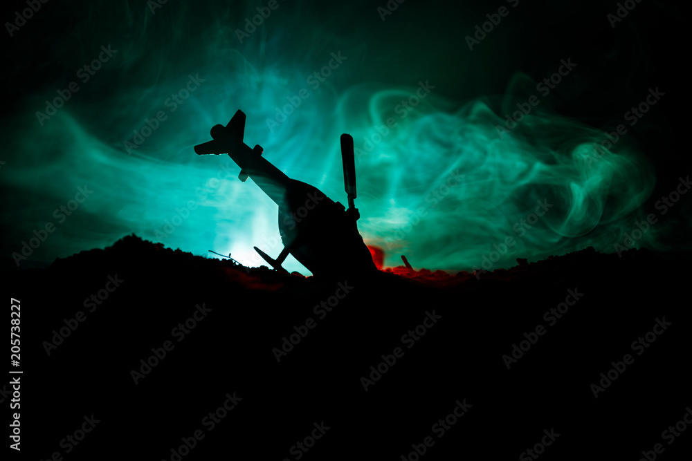 Air Crash. Burning falling helicopter. Destroyed helicopter. Decorated ...